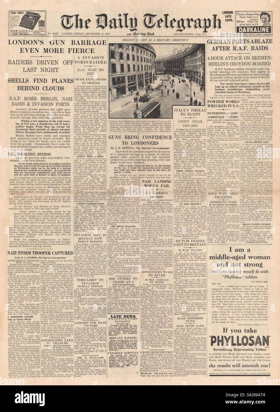 1940 front page Daily Telegraph Massive Luftwaffe bombing raid on ...