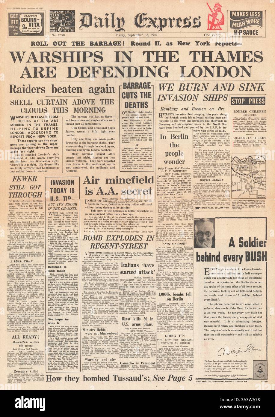 1940 front page Daily Express Royal Navy Warships defend London Stock ...