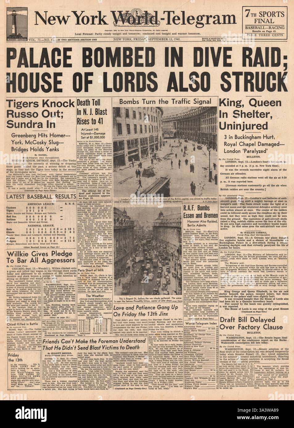 1940 front page New York World Telegram Luftwaffe bombing raid on ...