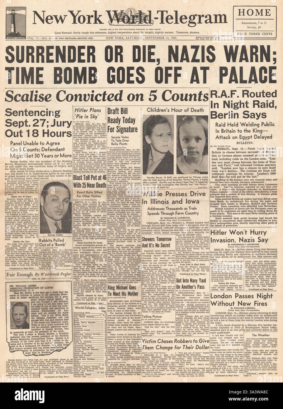 1940 front page New York World Telegram Luftwaffe bombing raid on ...