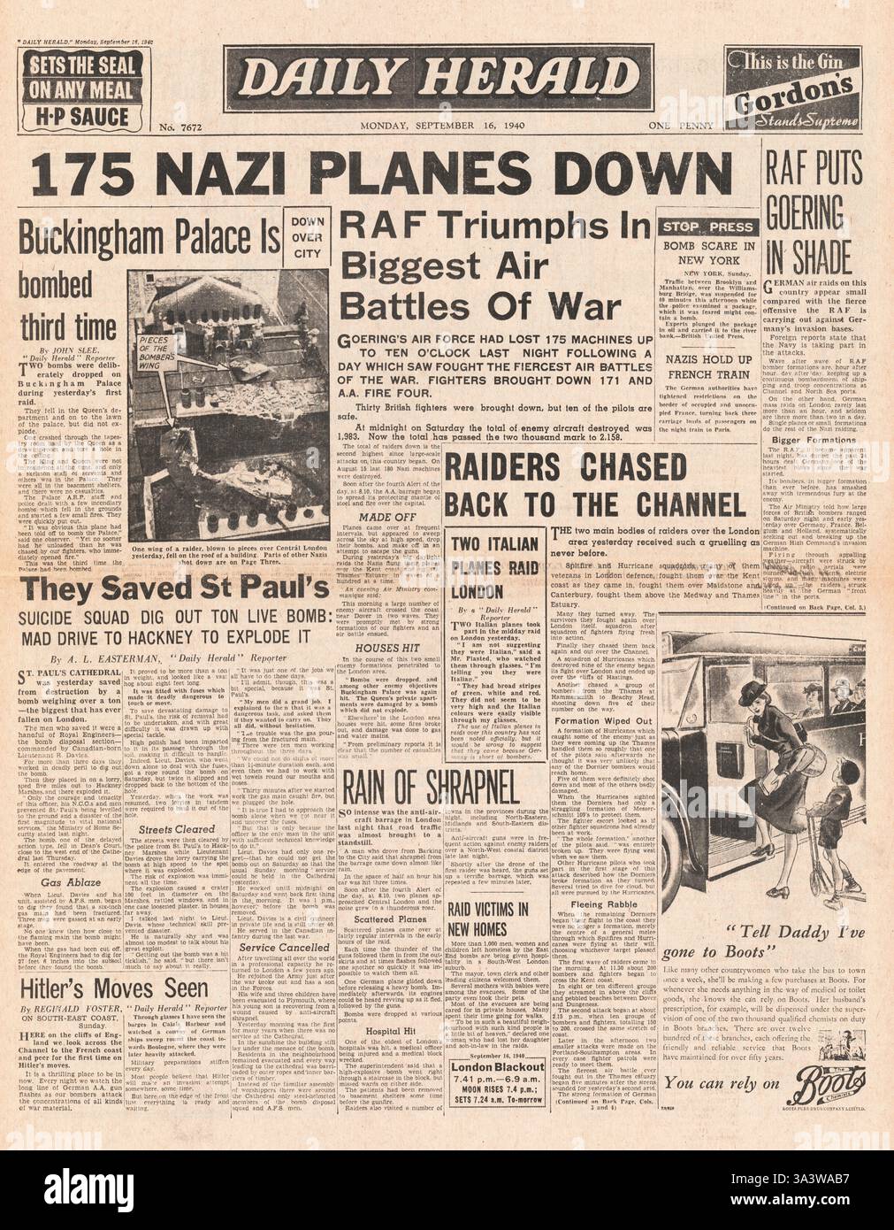 1940 front page Daily Herald Luftwaffe daylight raid on London and RAF ...