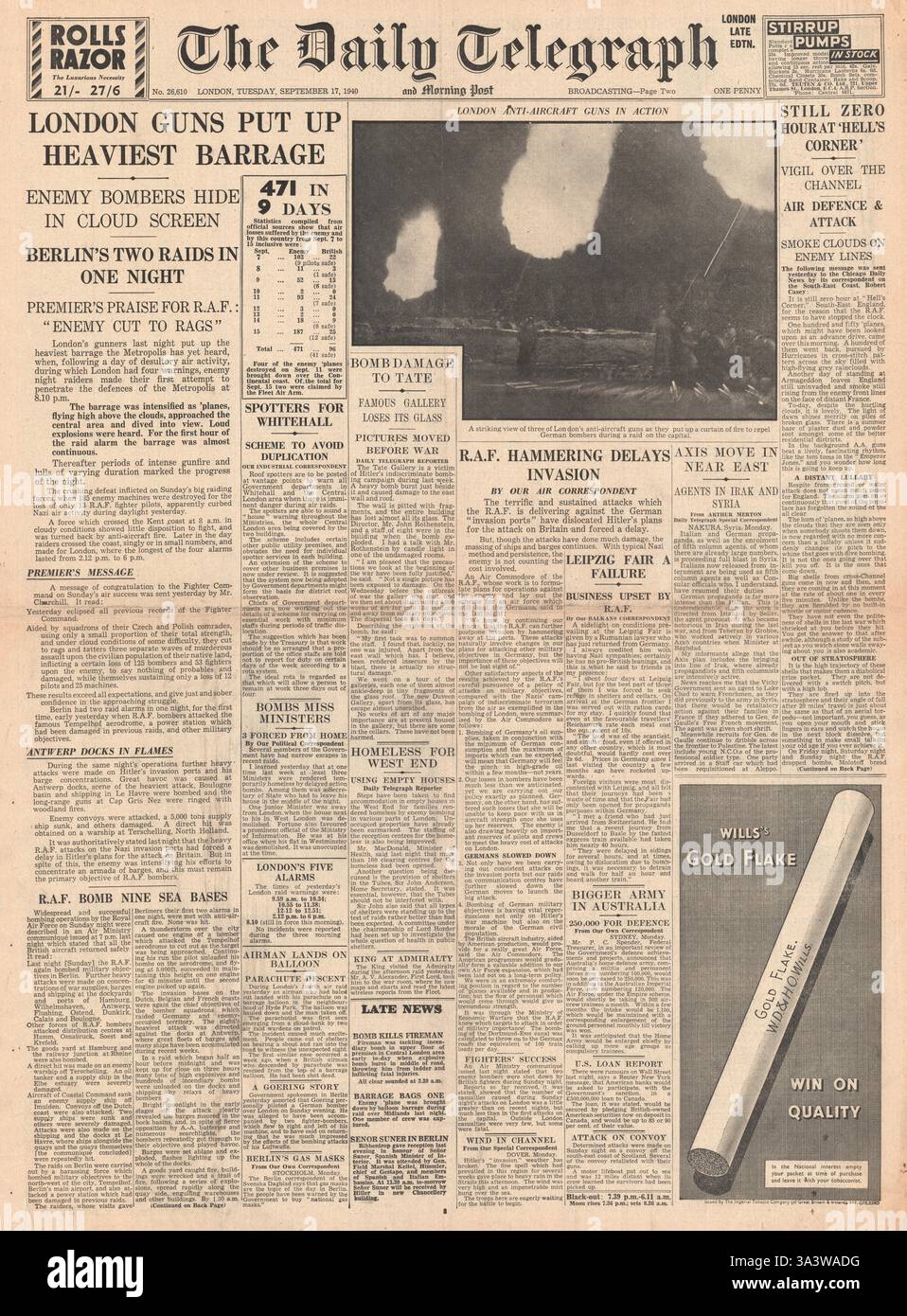 1940 daily telegraph heavy anti aircraft fire on german raiders hi-res ...