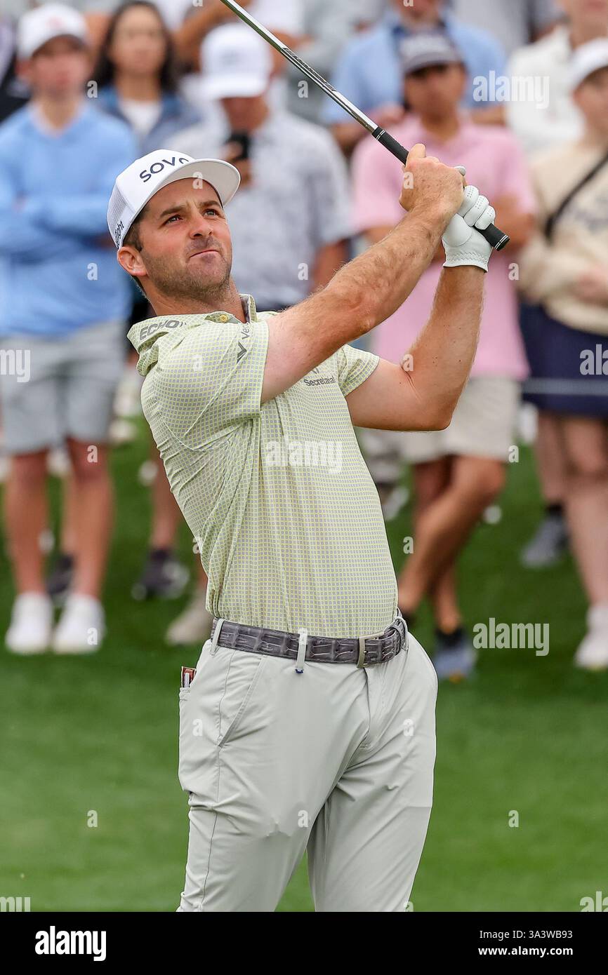 Ponte Vedra, FL, USA. 16th Mar, 2025. Denny McCarthy hits his tee shot ...