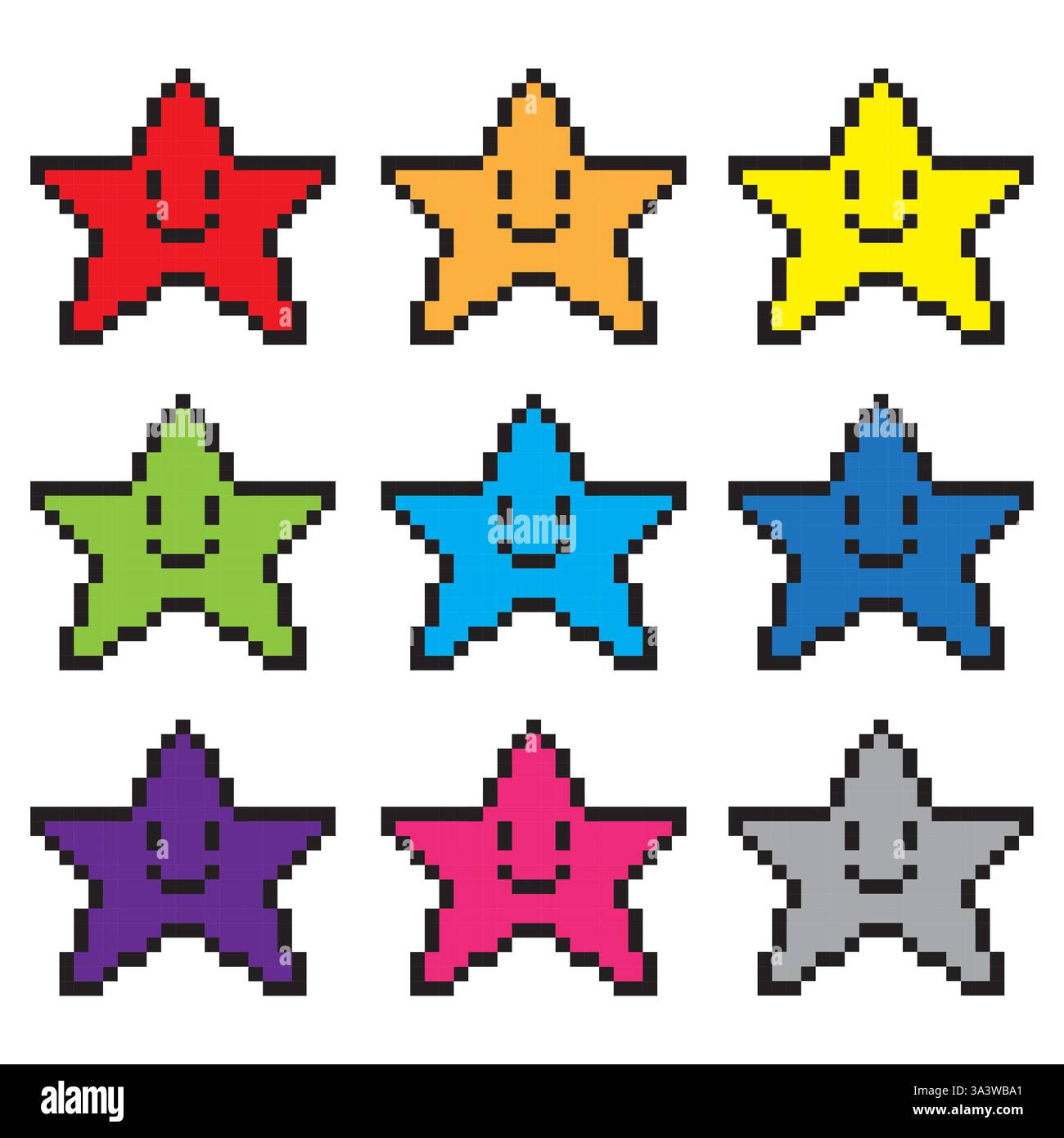 Colorful star icons. Smiling pixel faces. Bright nine variations ...