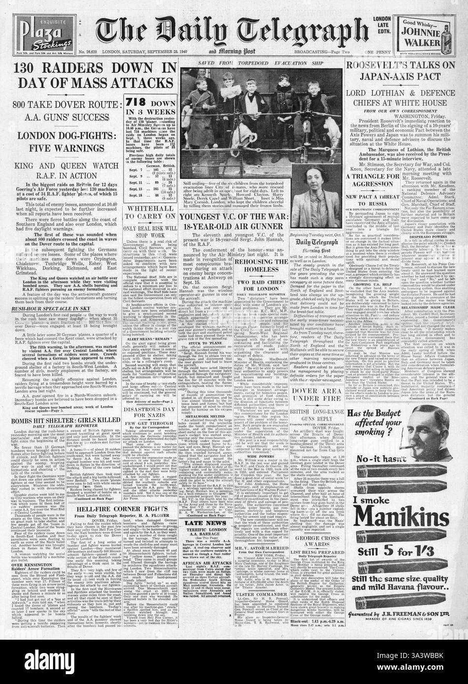 1940 front page Daily Telegraph Air Battles over South East England and ...