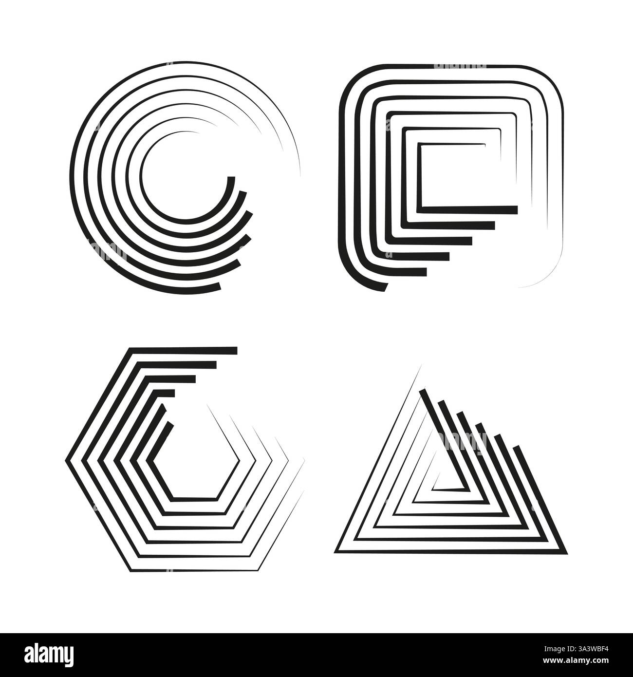 Abstract geometric icons. Circular and square spirals. Triangle and hexagon shapes. Vector ...