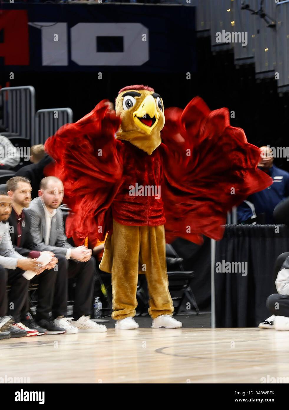 March 15, 2025: The Saint Josephâ€™s Hawk mascot performs during an A10 ...