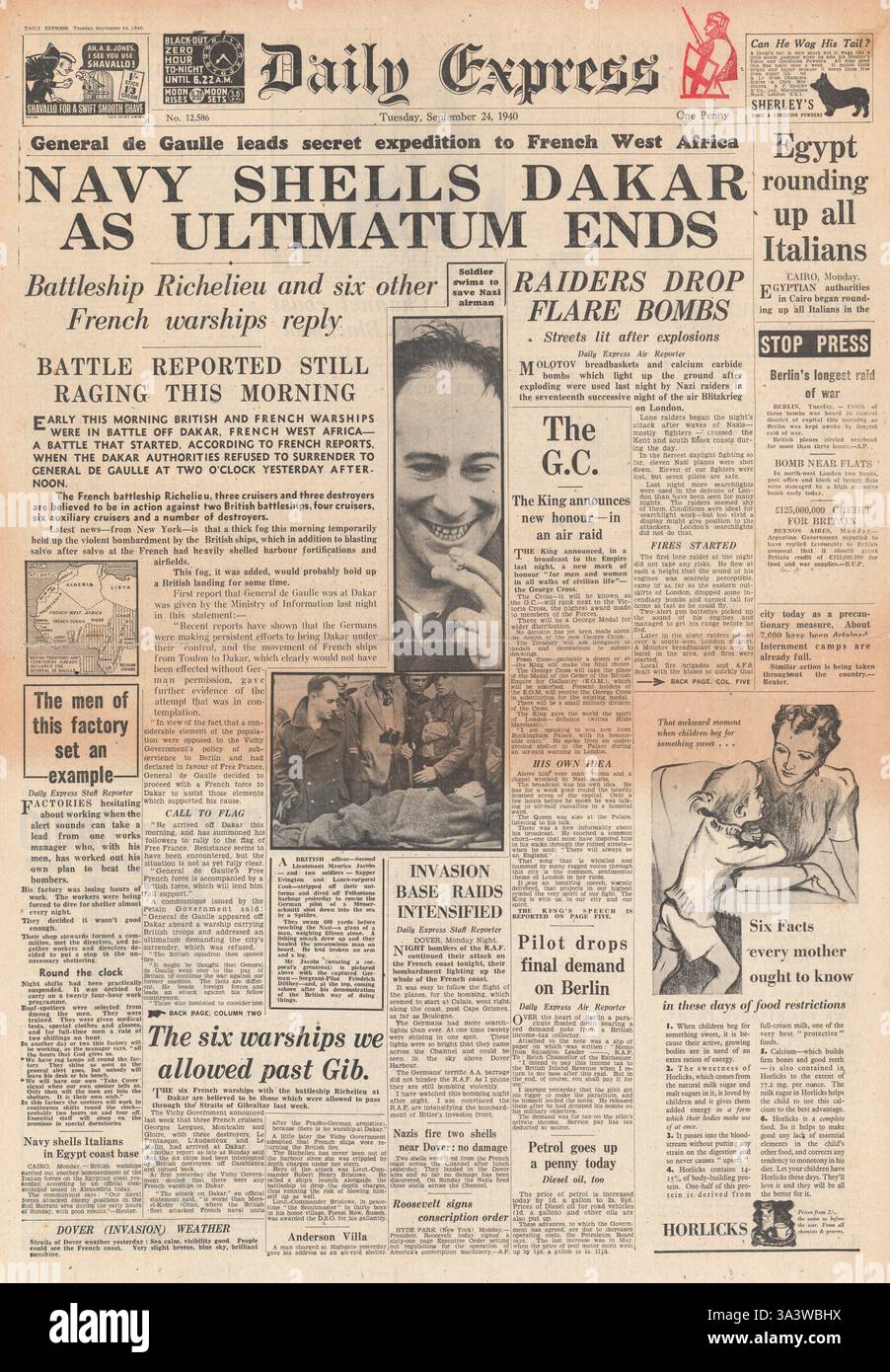 1940 front page Daily Express Royal Navy Bombards Dakar and King George ...