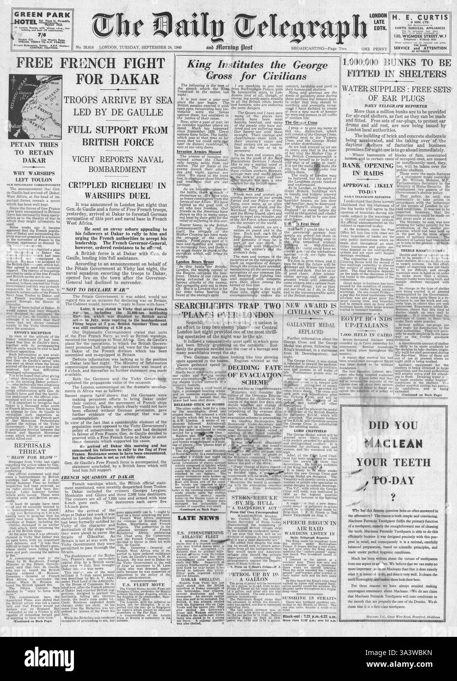 1940 front page Daily Telegraph Royal Navy Bombards Dakar and King ...
