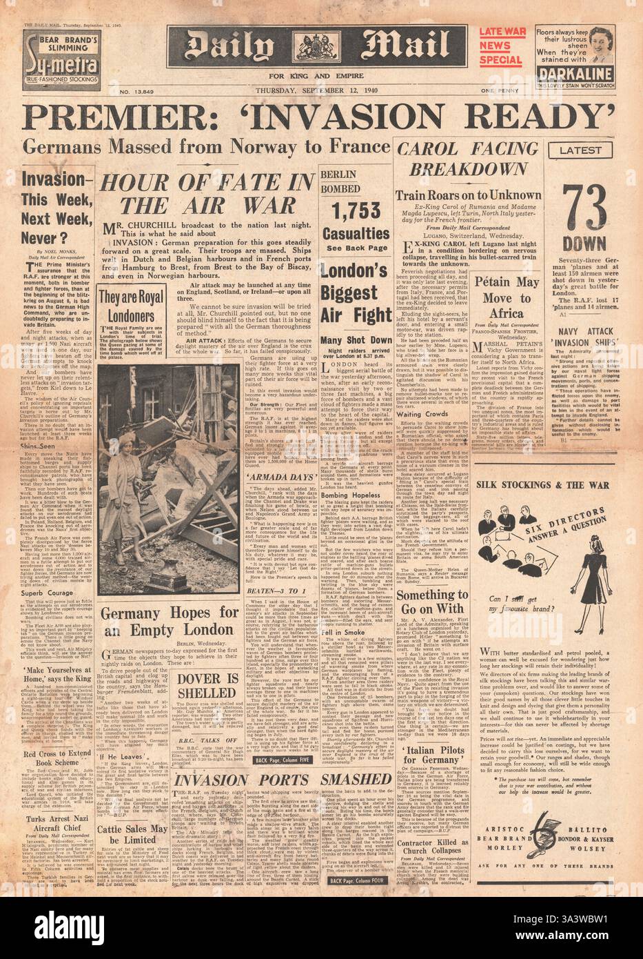 1940 front page Daily Mail Churchill says Britain 'is ready' for a ...