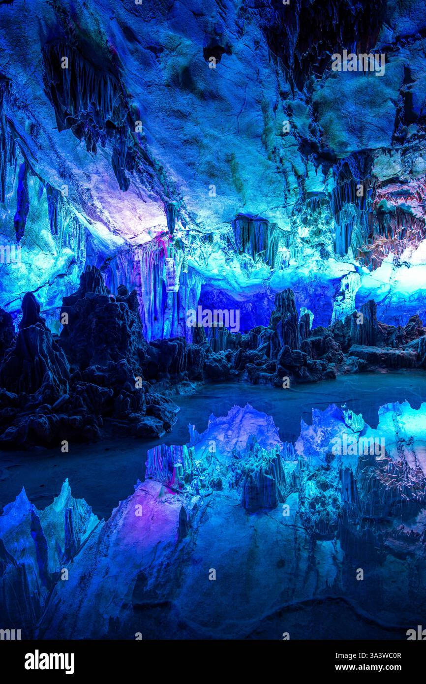 Underground lake of the Reed flute cave in Guilin, Guangxi, China Stock ...