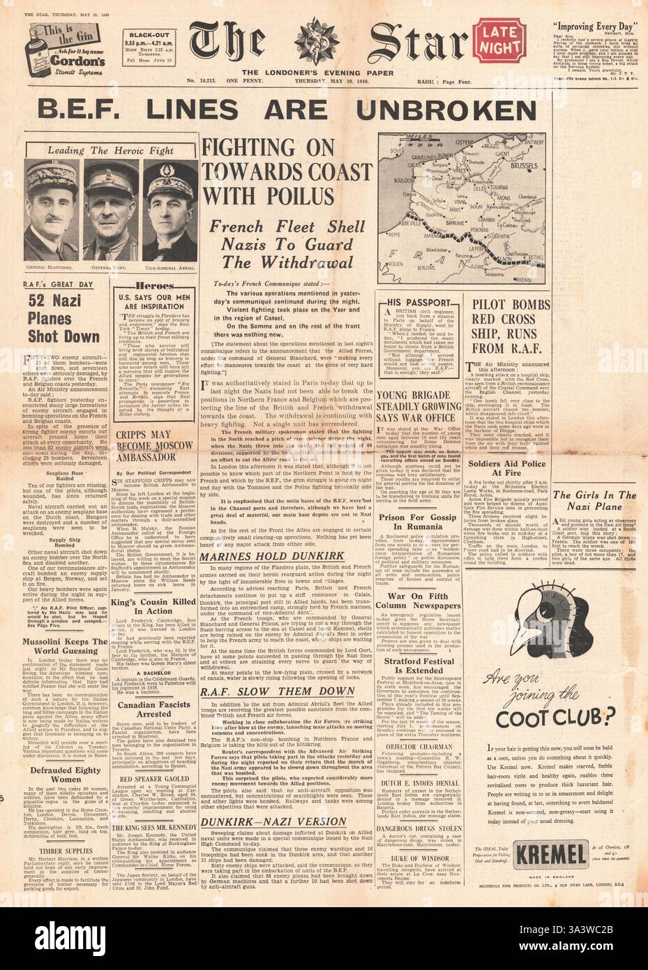 1940 front page The Star (London) BEF lines in Northern France and ...