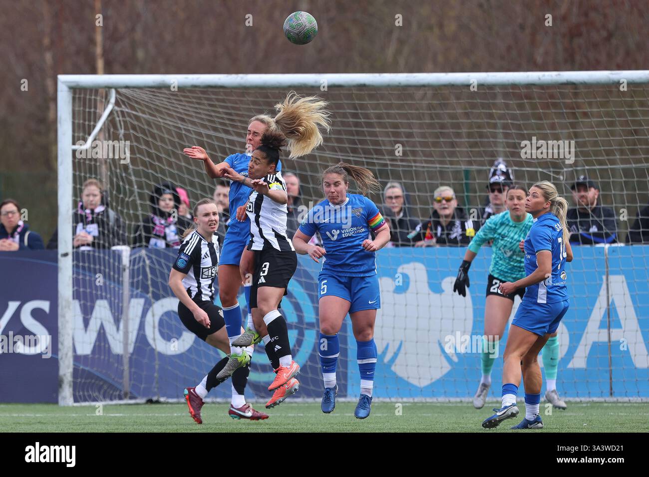 Durham Women's Beth Hepple challenges for a header with Newcastle's ...