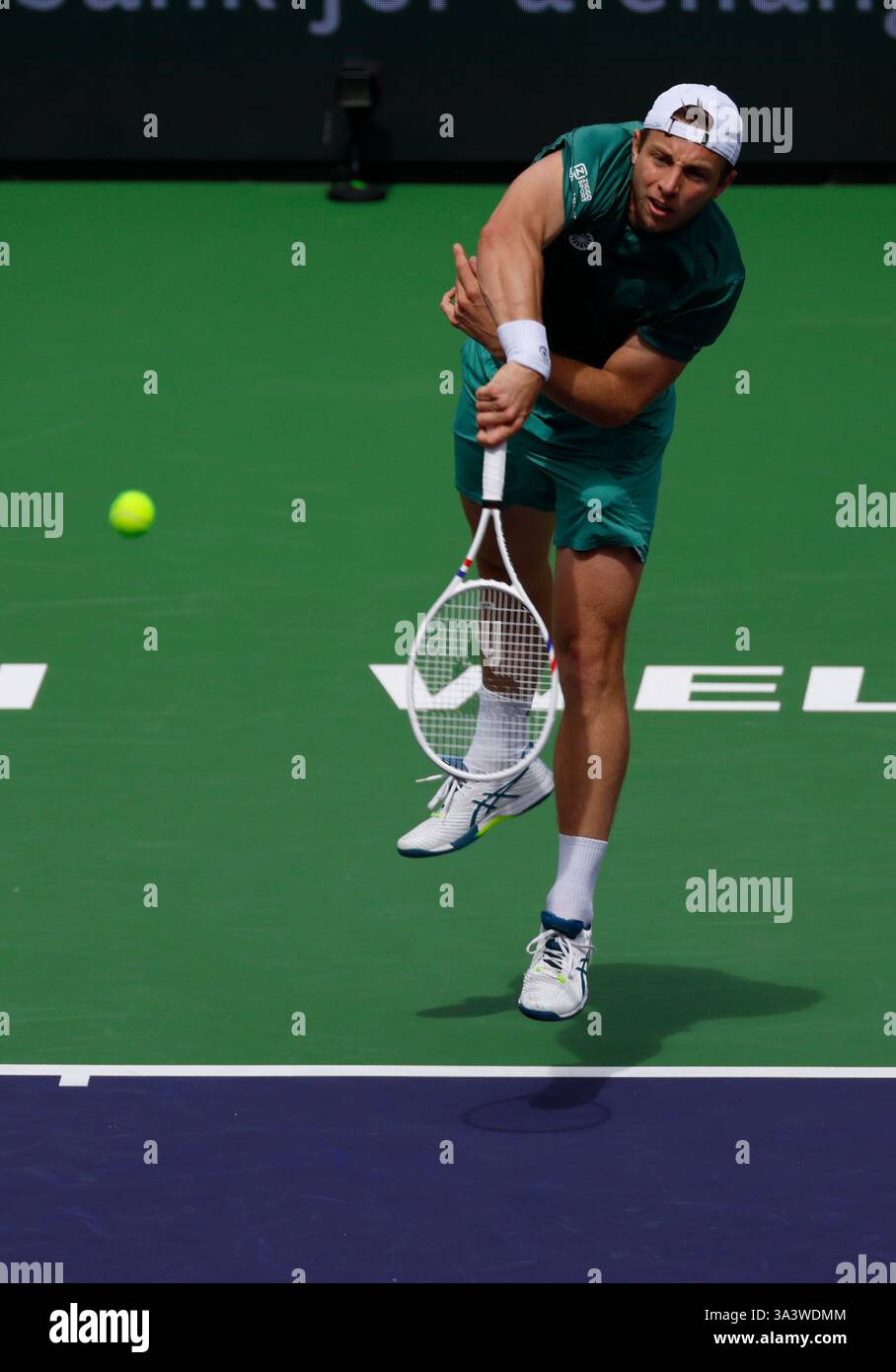 March 11, 2025 Tallon Griekspoor (NED) serves against Yosuke Watanuki ...