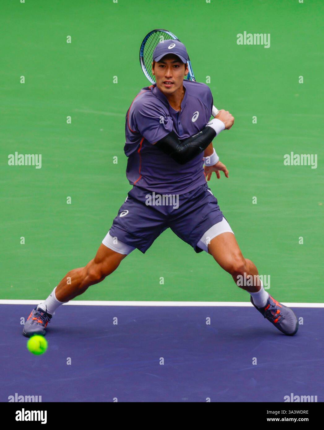 March 11, 2025 Yosuke Watanuki (JPN) returns a shot against Tallon ...