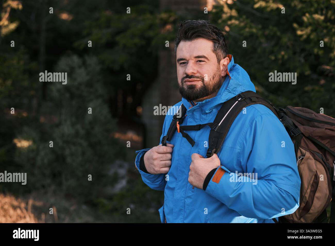 A male traveler hiking forest adventure travel active lifestyle Stock ...