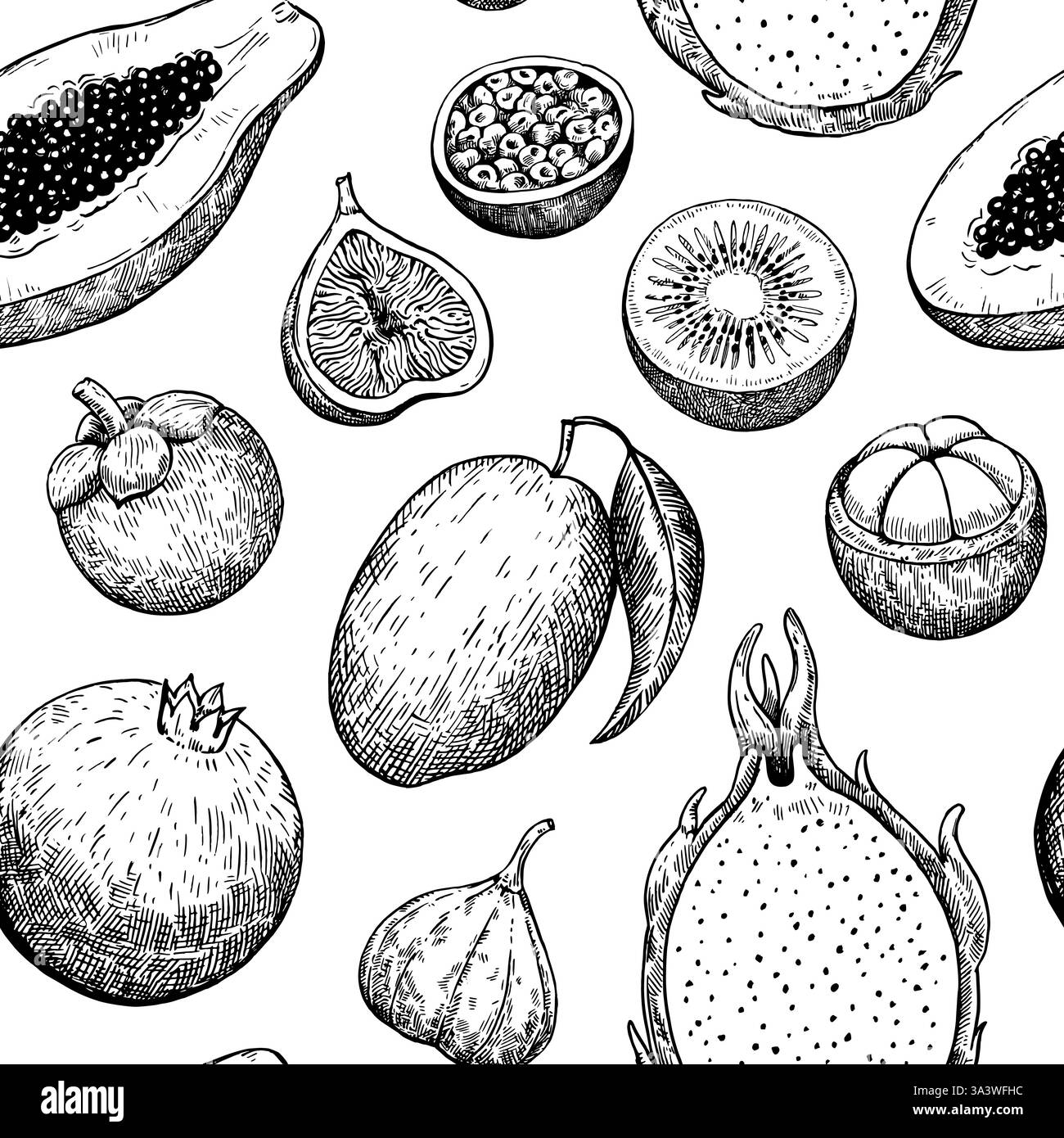 Seamless pattern with tropical and exotic fruits. Hand-drawn ink ...