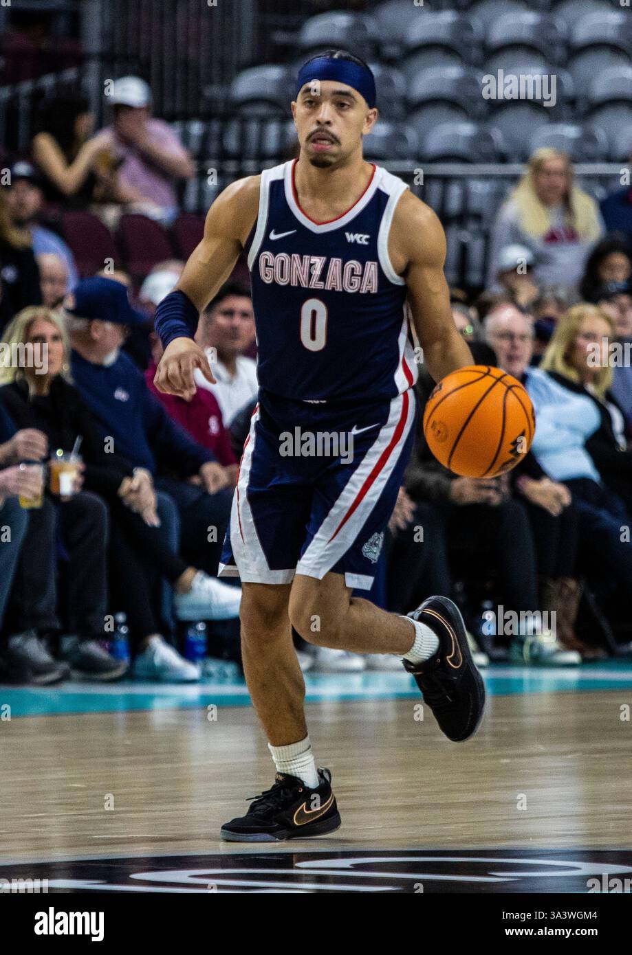 March 11 2025 Las Vegas, NV, U.S.A. Gonzaga guard Ryan Nembhard (0)brings the ball up court ...