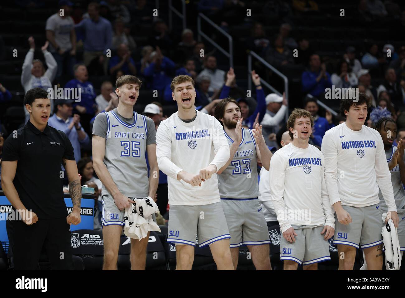 March 13, 2025: Saint Louis Billikenâ€™s bench celebrates a basket ...