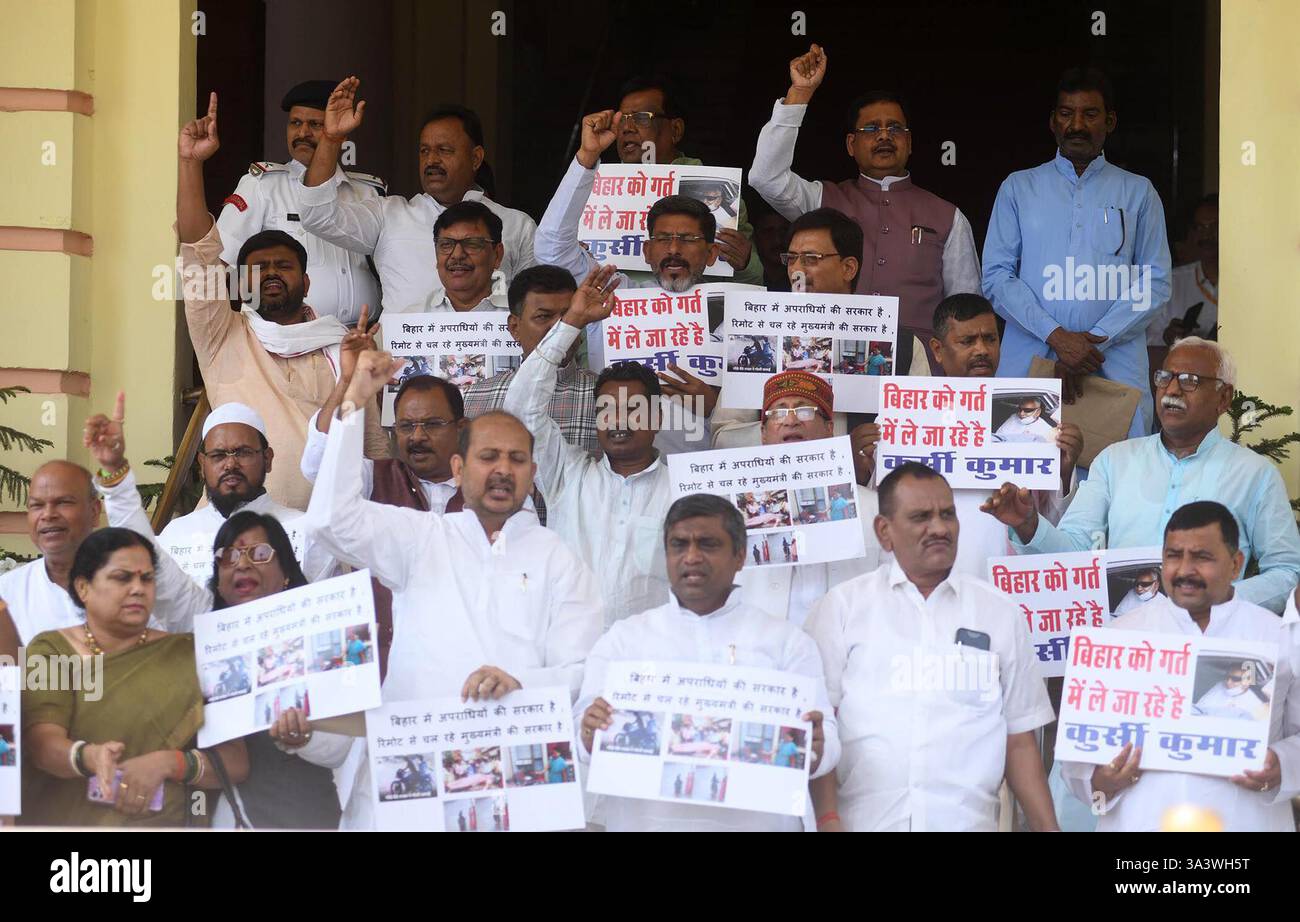 PATNA, INDIA - MARCH 17: RJD legislators demonstrating during Budget Session outside of Bihar ...