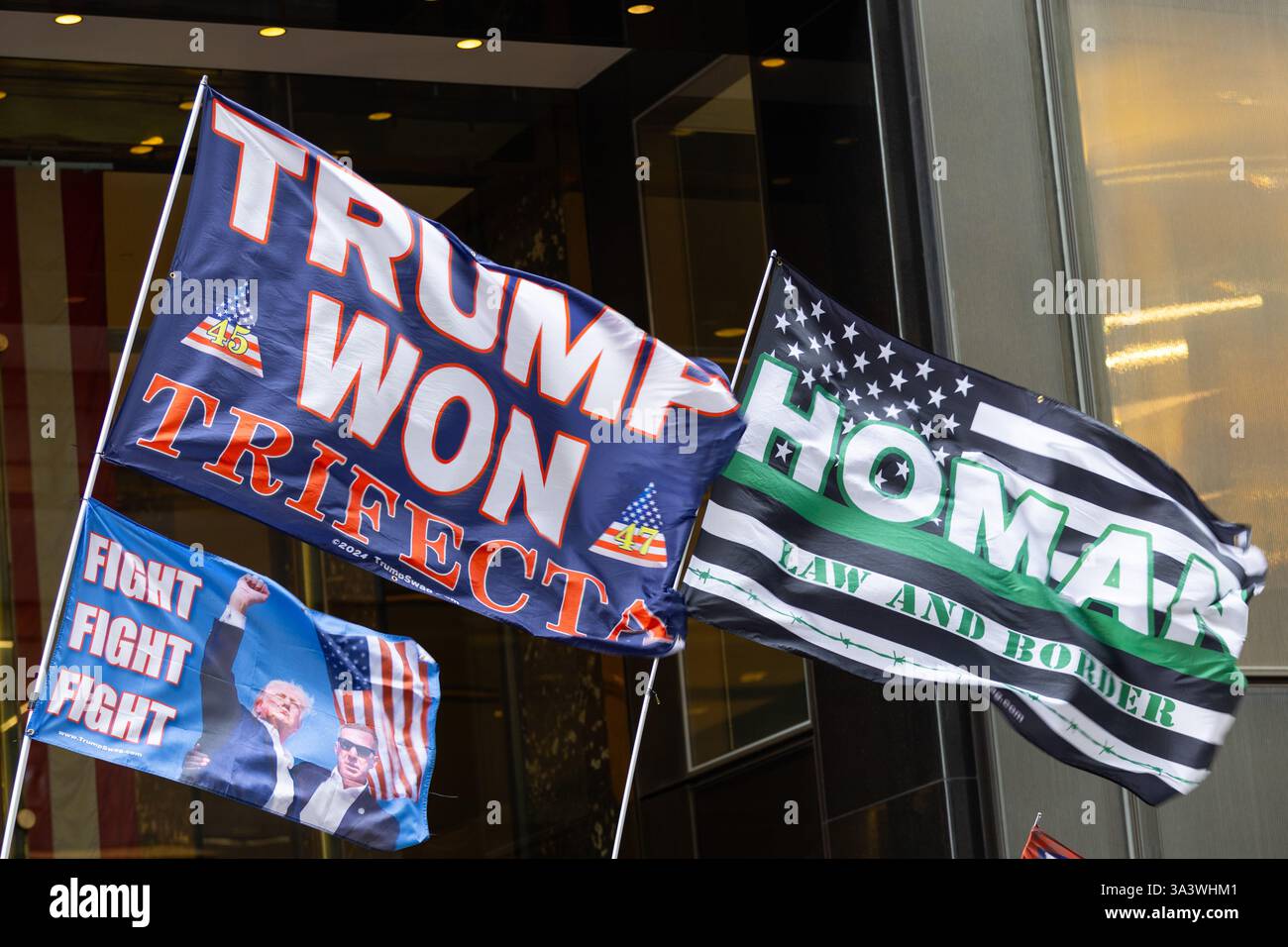 New York, USA. 17th Mar, 2025. Flags supporting President Donald J ...