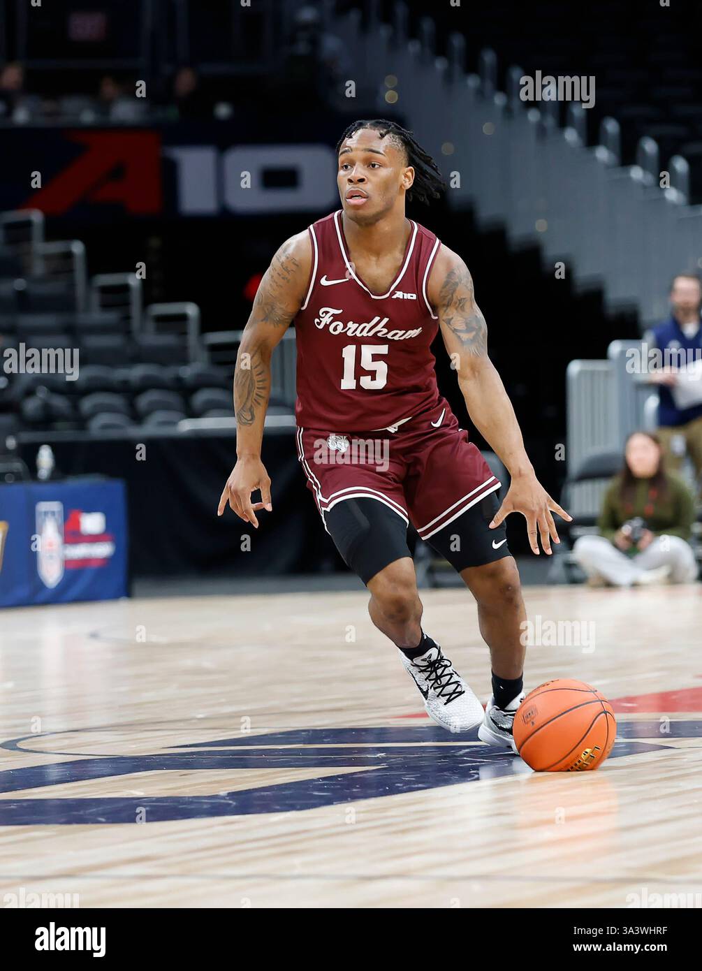 March 12, 2025: Fordham Rams Guard #15 Jackie Johnson III brings the ...