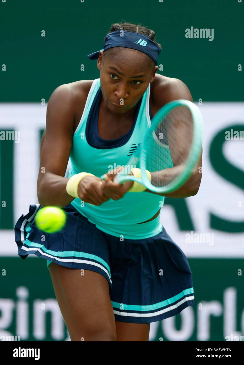 March 12, 2025 Coco Gauff returns a shot against Belinda Bencic (SUI ...