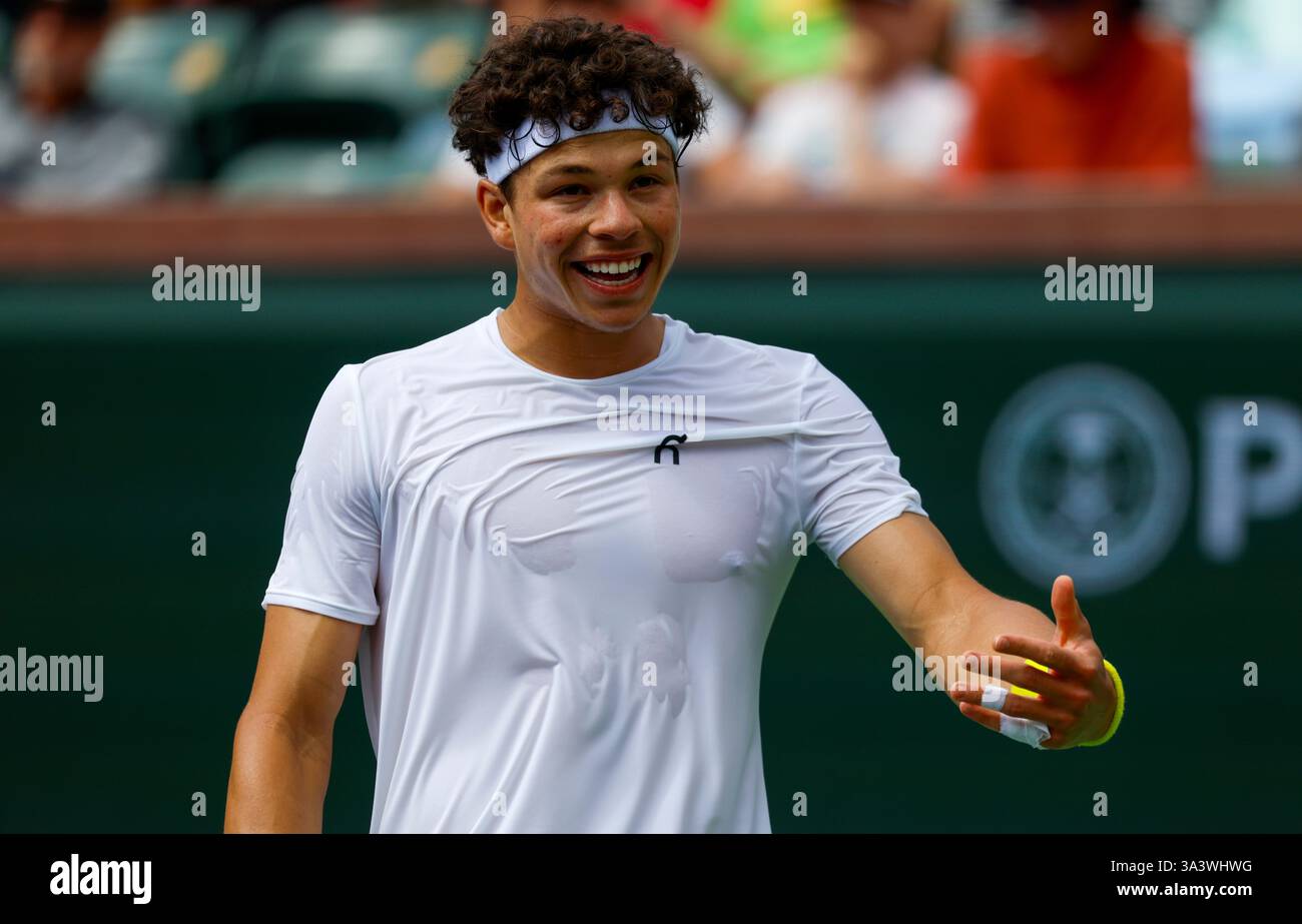 March 12, 2025 Ben Shelton reacts to winning a point against Brandon ...