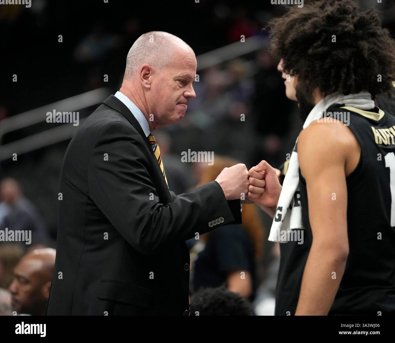 MAR 12 2025: Colorado Coach Tad Boyle congratulates players after an ...