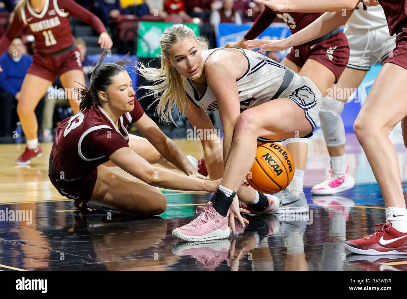 Montana State guard Taylee Chirrick (44) loses control of the ball as ...