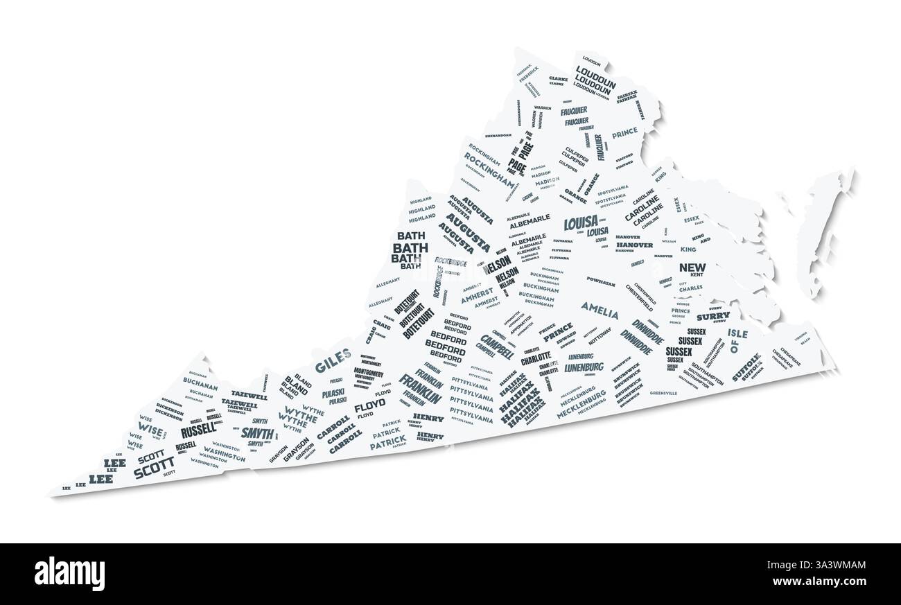 Virginia shape text cloud. State border with shadow on white background ...