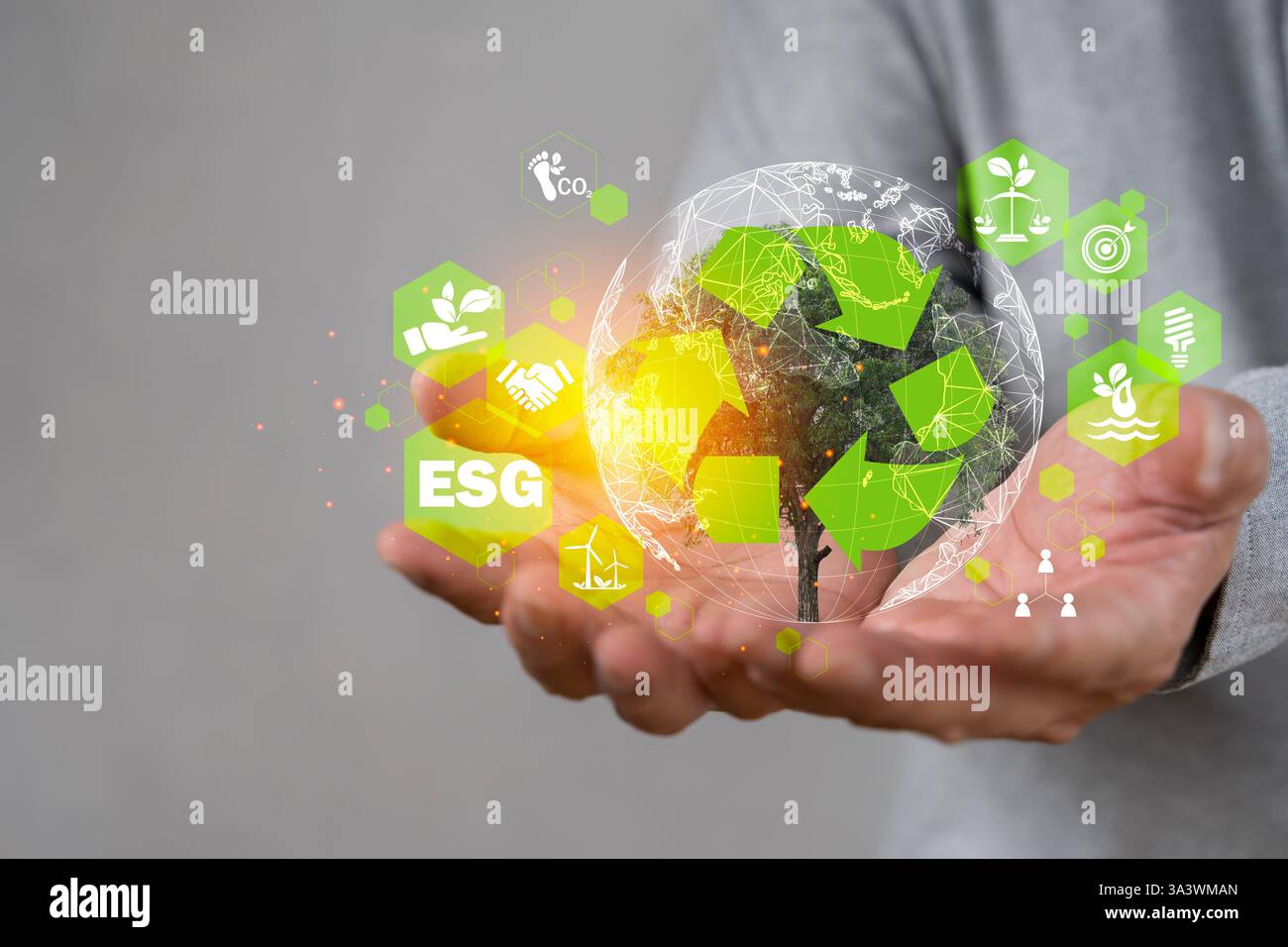 ESG environment social governance concept. Hand-holding crystal globe ...