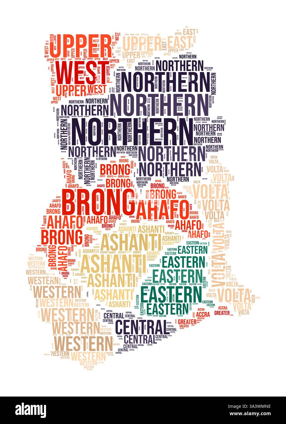 Ghana Word Cloud. Country shape with region division. Ghana typography ...