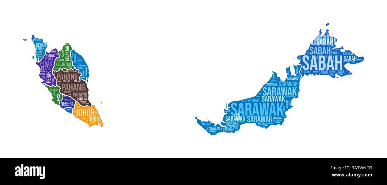Malaysia shape. Country word cloud with region division. Malaysia ...