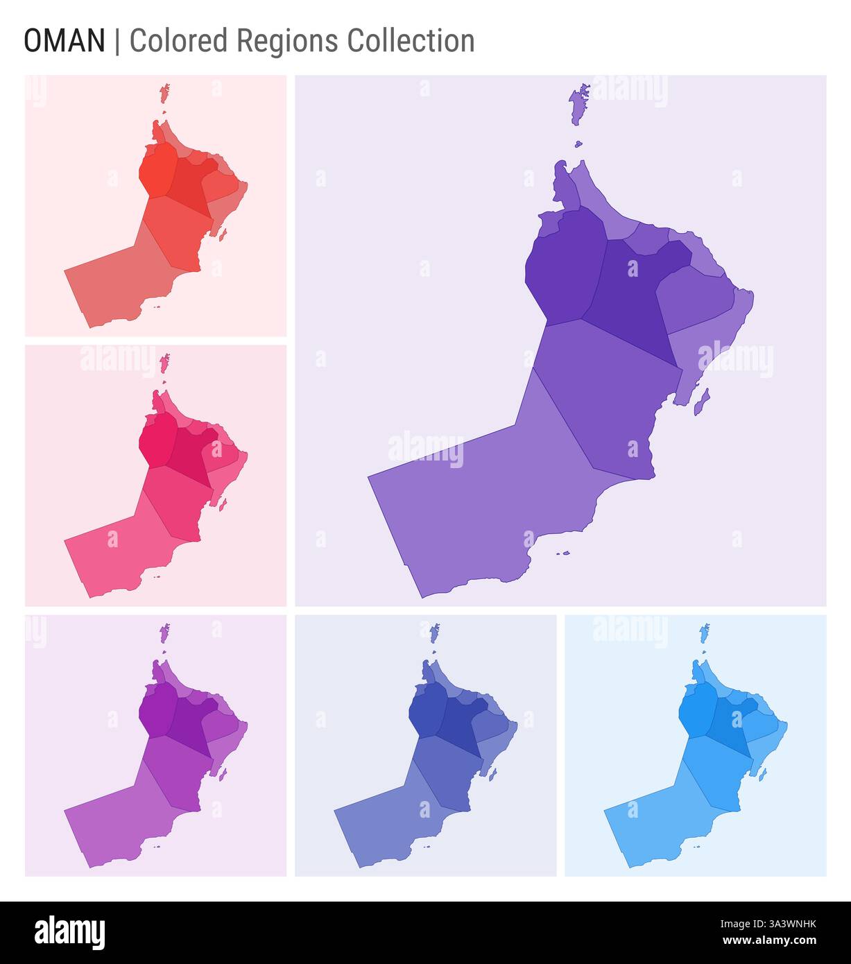 Oman map collection. Country shape with colored regions. Deep Purple, Red, Pink, Purple, Indigo ...