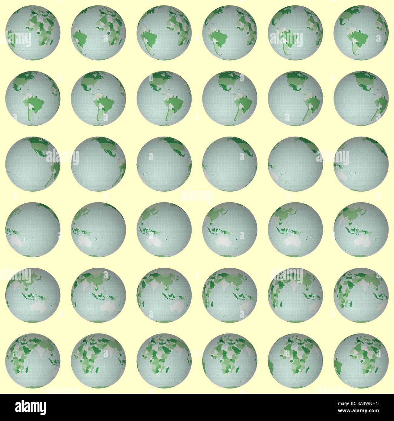 Collection of earth globes. Normal sphere view. Rotation step 10 ...