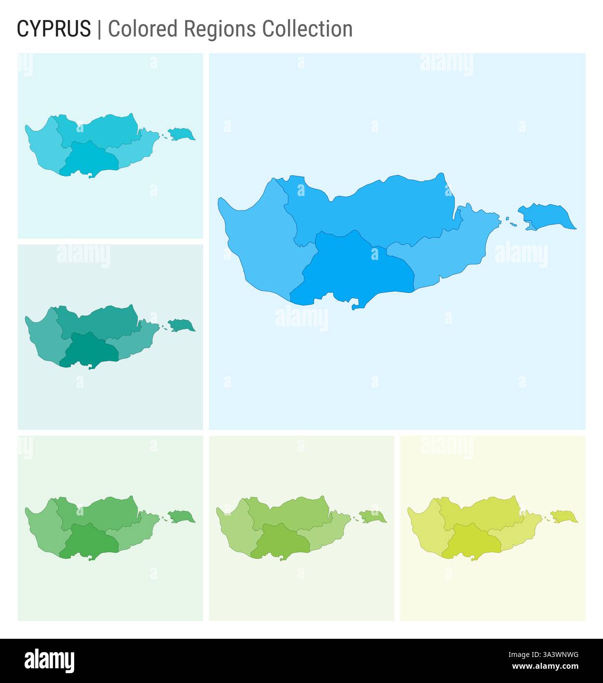 Cyprus map collection. Country shape with colored regions. Light Blue ...