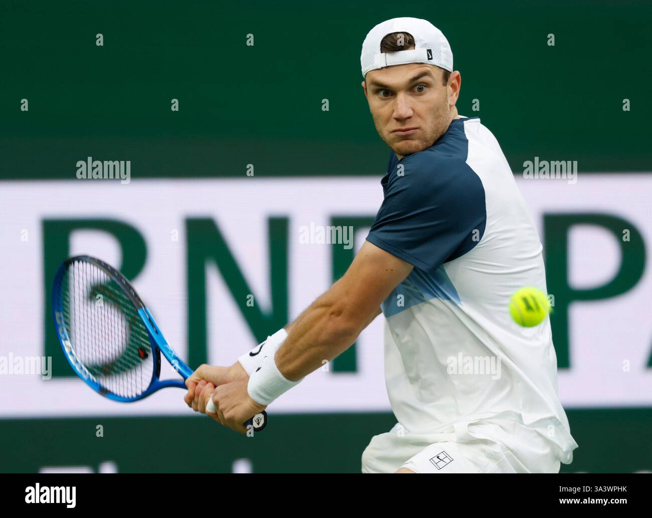 March 13, 2025 Jack Draper (GBR) returns a shot against Ben Shelton ...