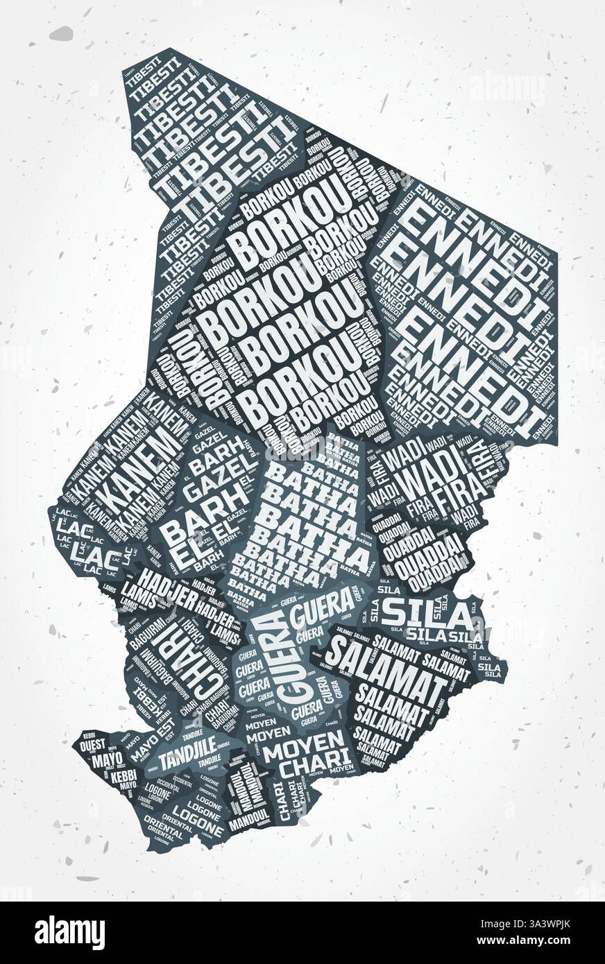 Chad regions word clouds. Country shape on textured background. Chad ...