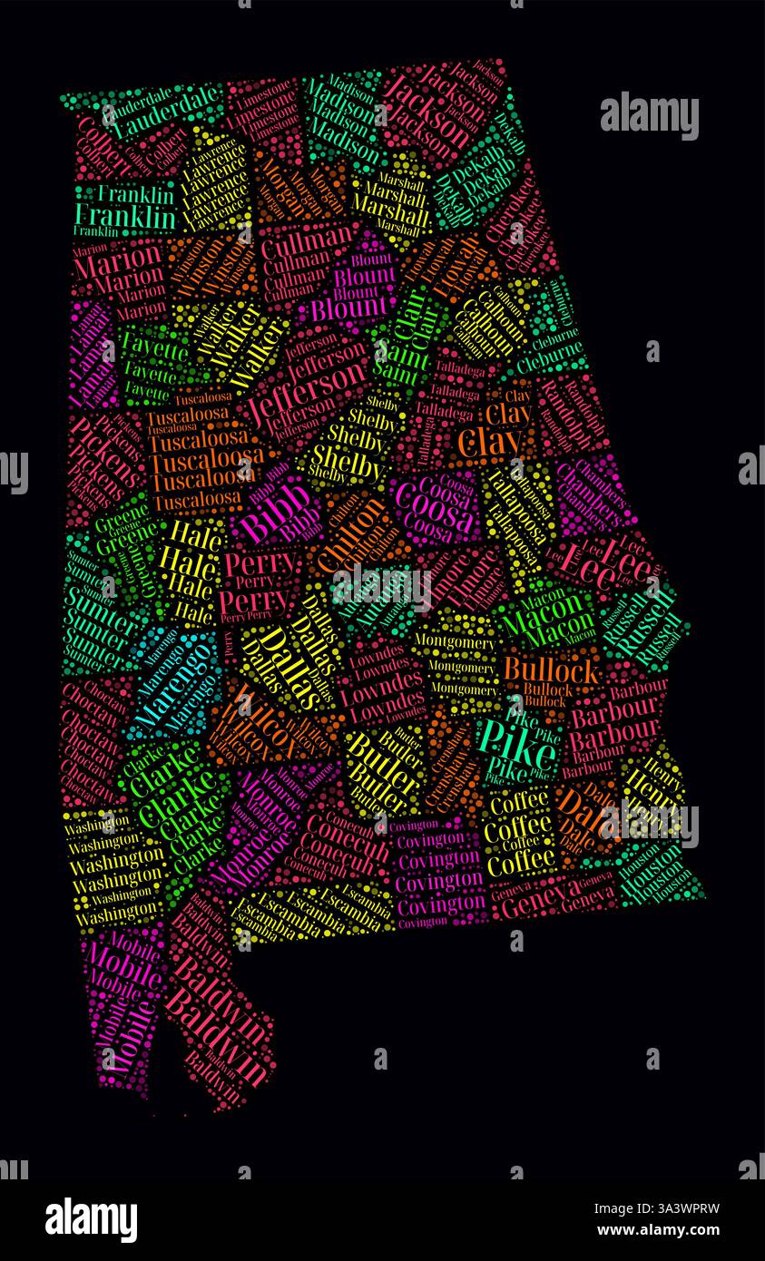 Alabama Word Cloud. Bright neon style design on dark background. Region ...