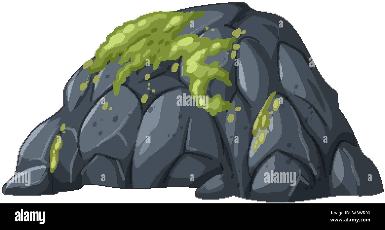 A detailed vector illustration of a dark rock with vibrant green moss ...