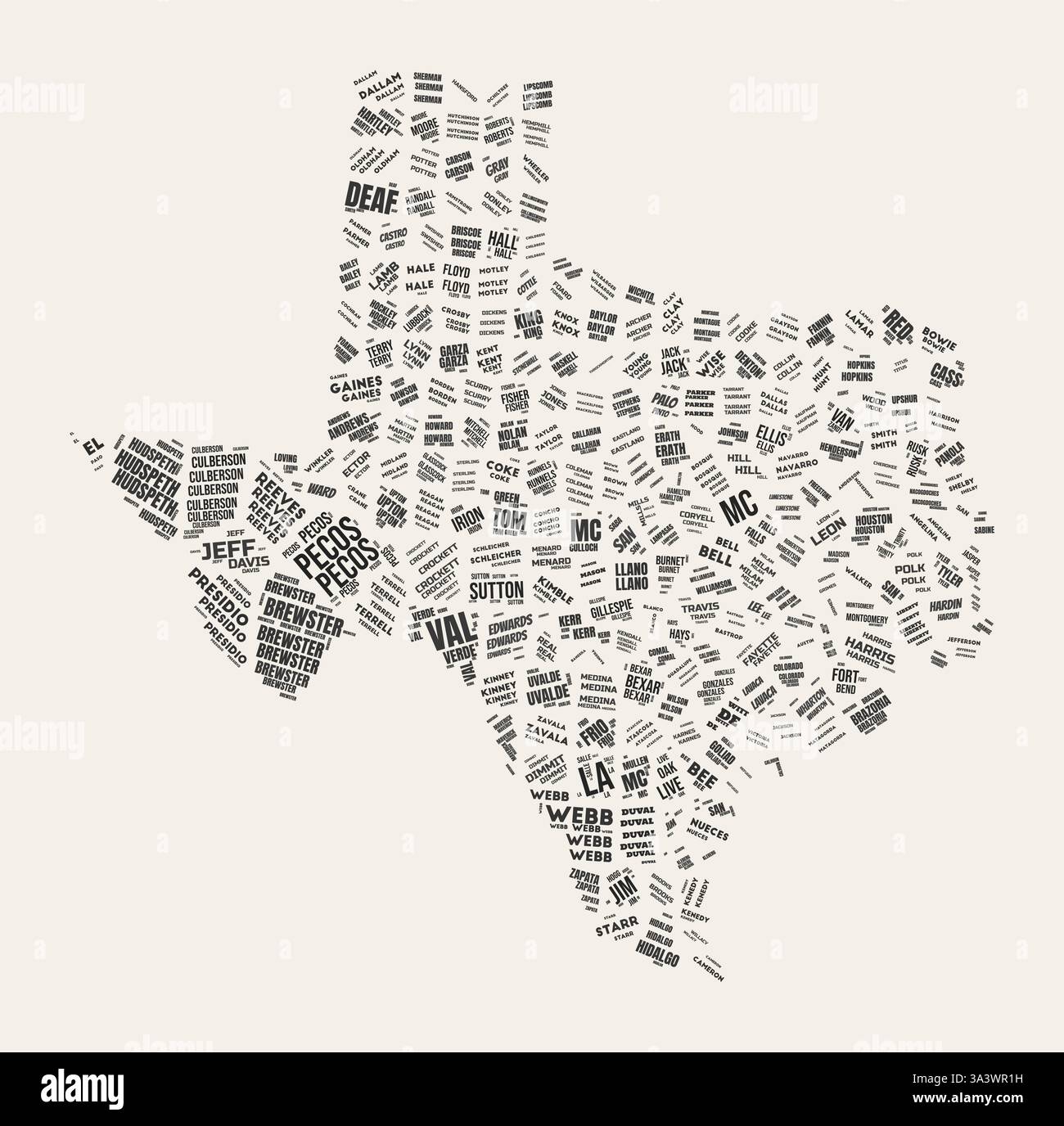 Texas Word Cloud. State with counties division. Texas typographic text ...