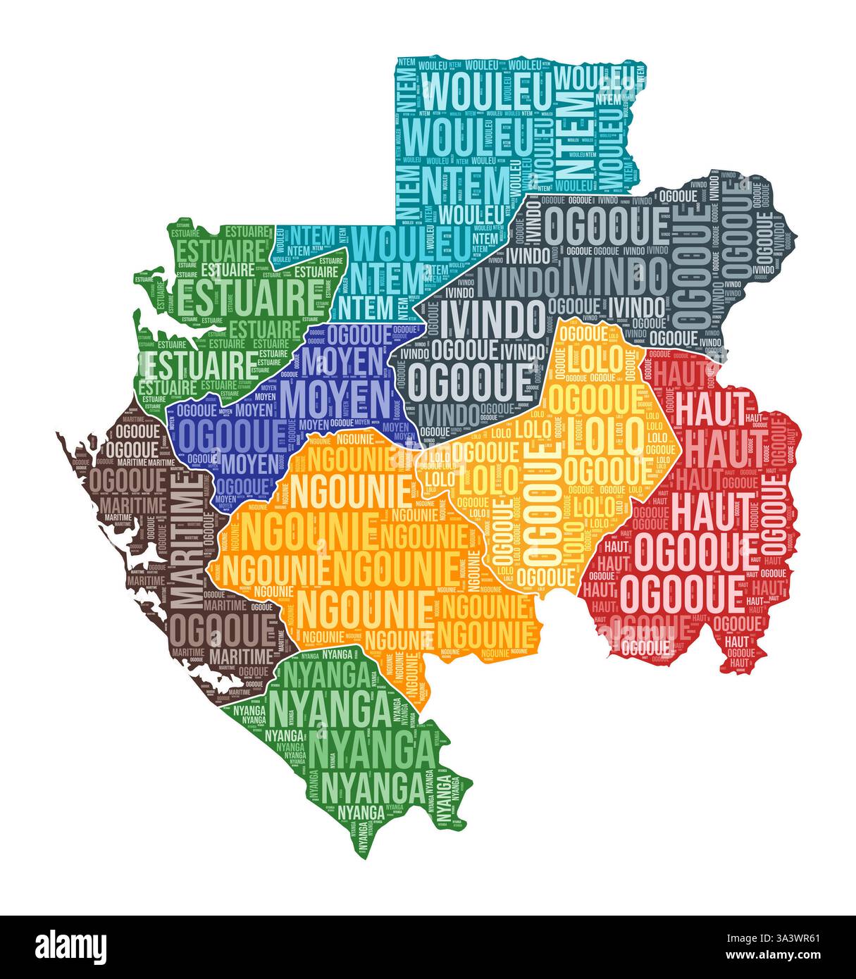Gabon shape. Country word cloud with region division. Gabon colored ...