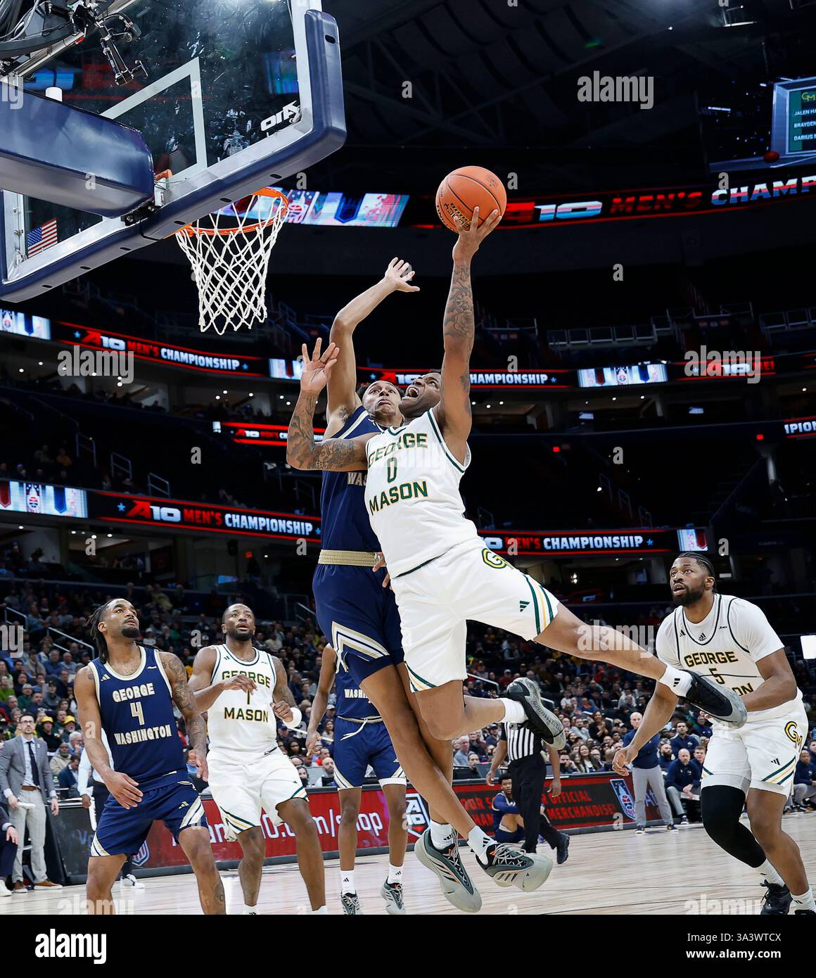 March 14, 2025: George Mason Patriots Guard (0) K.D. Johnson goes to ...