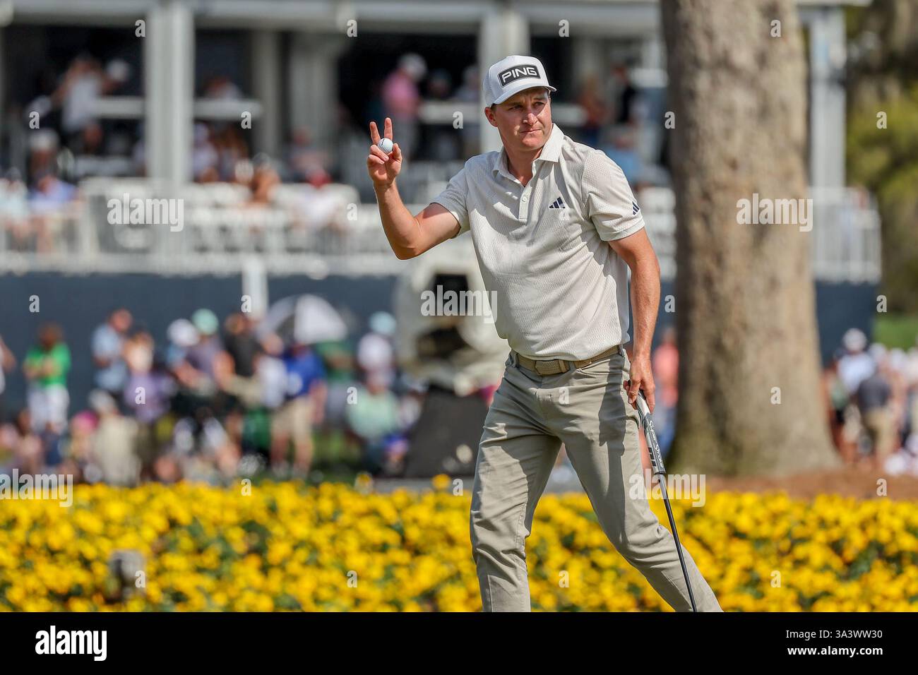 Ponte Vedra, FL, USA. 14th Mar, 2025. Matt McCarty sinks his birdie ...