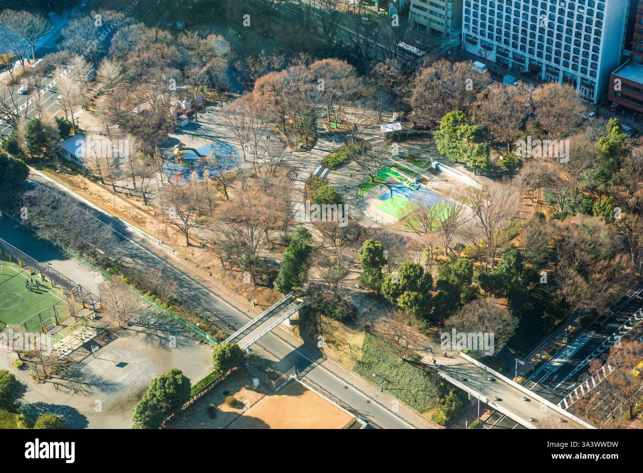 Aerial view of a city park with skate park, playground, walking paths ...