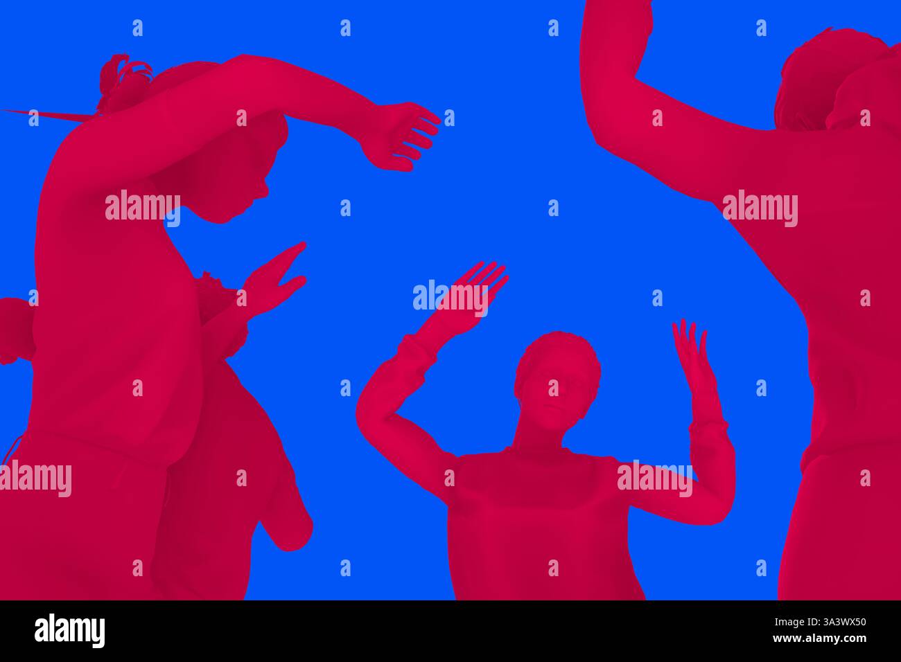 a group of young people dancing, contrasting appearance, red and blue ...