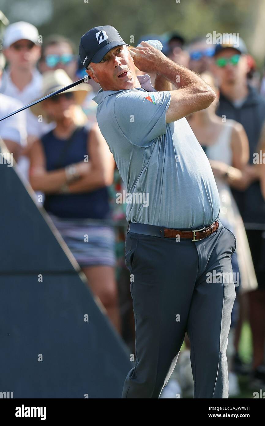 Ponte Vedra, FL, USA. 15th Mar, 2025. Matt Kuchar hits his tee shot on ...