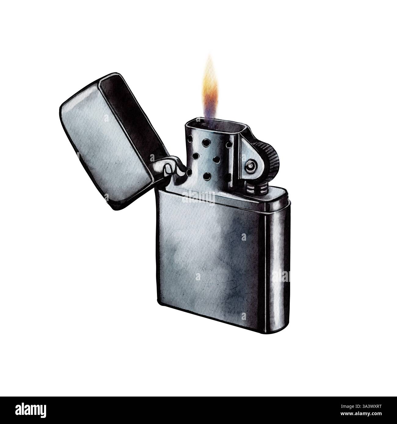 Realistic watercolor illustration of a metal gasoline lighter with an ...