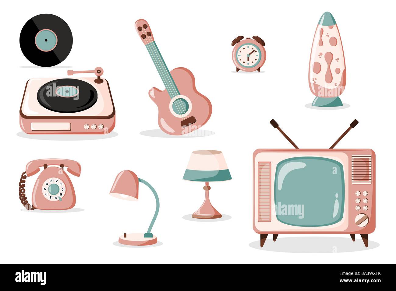 Retro 70s style living room items, isolated on white background Stock ...